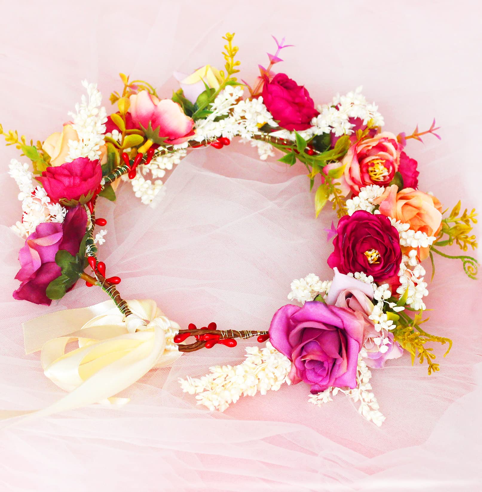 Vivivalue Rose Flower Crown Flower Garland Headband Hair Wreath Floral Headpiece Halo Boho Party Wedding