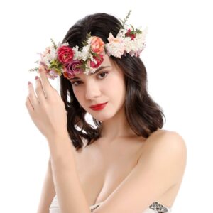 Vivivalue Rose Flower Crown Flower Garland Headband Hair Wreath Floral Headpiece Halo Boho Party Wedding