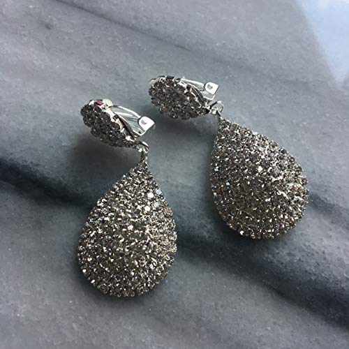 Silver Clip On Earrings Teardrop Earrings Rhinestone Crystals Dangle Earrings Statement Chandelier Drop Earrings for Women (Silver Clip-On)