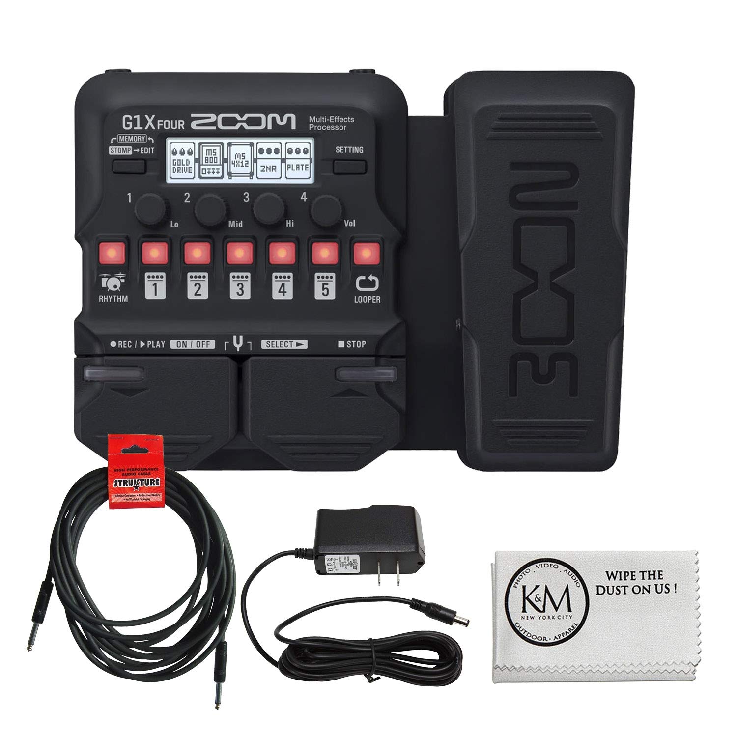 Zoom G1X Four Guitar MultiEffects Processor with Expression Pedal Bundle with (1) 20ft Instrument Cable, (1) 9V Power Supply and Cloth (3 Items)