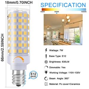 E12 LED Bulb Dimmable 7W C7 Bulb Equivalent to E12 Halogen Bulb 60W, Warm White 3000K T6 E12 Candelabra Bulb 60 Watt for Ceiling Fan, Chandelier Lighting, AC120V Kx-2000 Bulbrite Replacement (6 Pack)