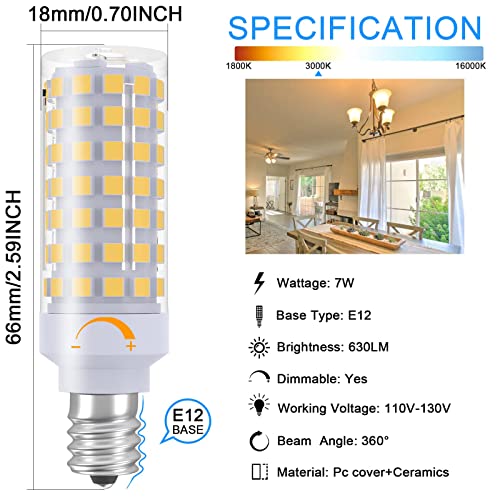 E12 LED Bulb Dimmable 7W C7 Bulb Equivalent to E12 Halogen Bulb 60W, Warm White 3000K T6 E12 Candelabra Bulb 60 Watt for Ceiling Fan, Chandelier Lighting, AC120V Kx-2000 Bulbrite Replacement (6 Pack)