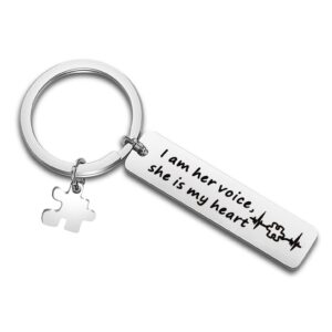 qiier autism awareness keychain i am his voice he is my heart keychain with puzzle piece charm autism mom gift (her voice)