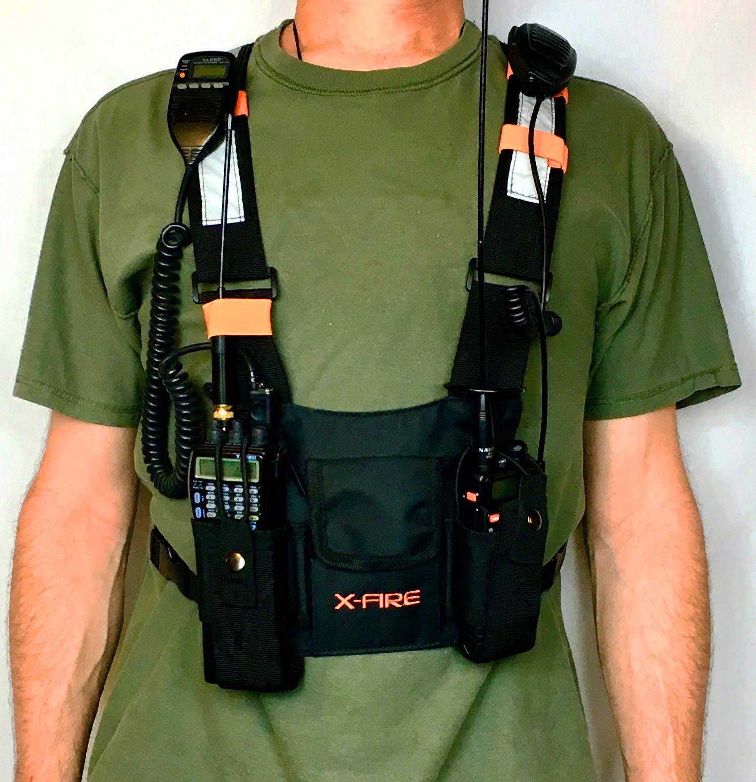 X-FIRE® Updated Dual Portable Radio Chest Rig Harness for Two-Way Radios w/ 3m Reflective. Now with Larger Radio Pocket