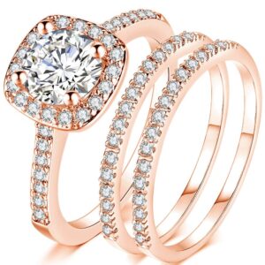 jude jewelers silver rose gold three-in-one wedding engagement bridal halo ring set (rose gold, 7)