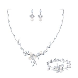 ever faith clear marquise cz simulated pearl bride flower leaf filigree necklace earrings bracelet set silver-tone