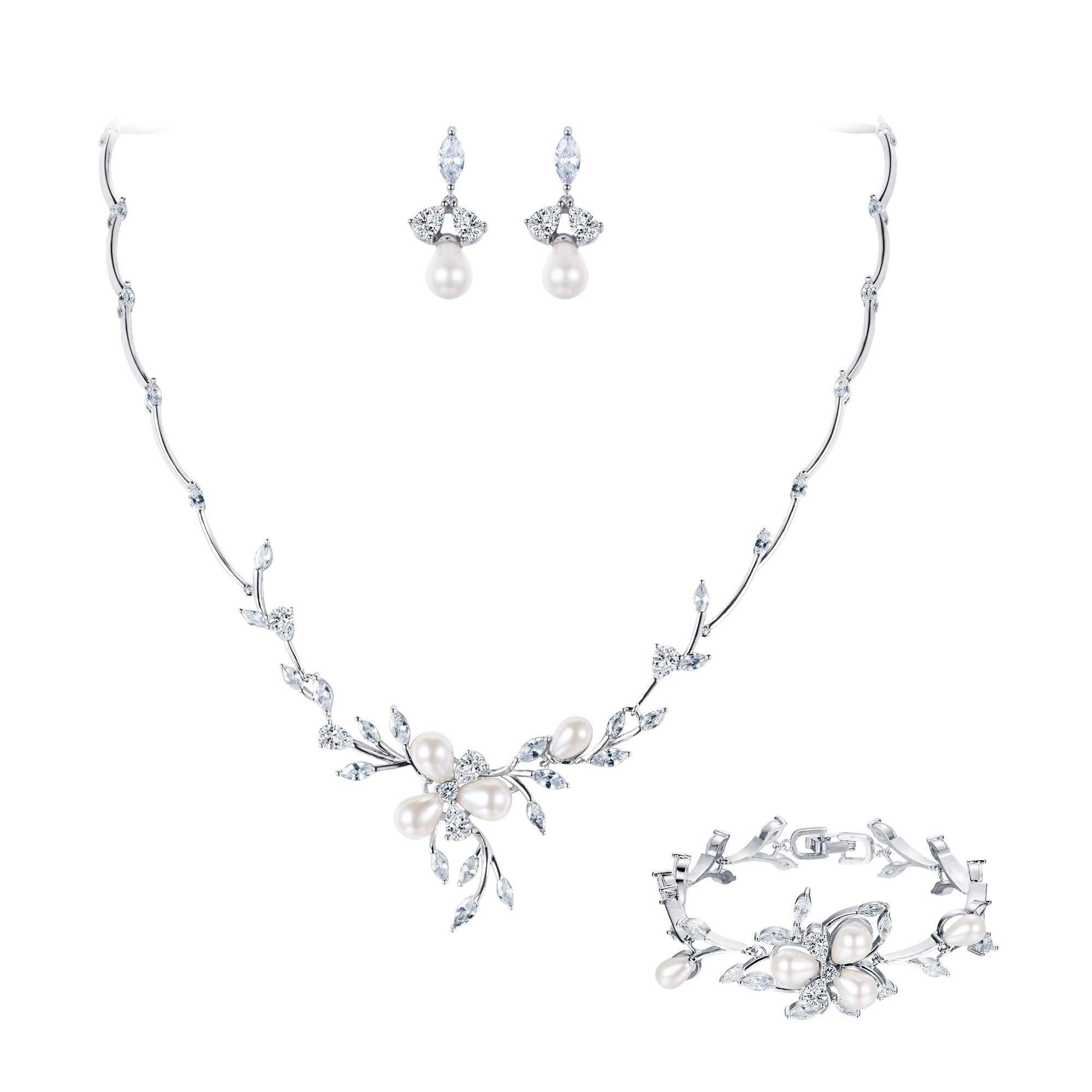 EVER FAITH Clear Marquise CZ Simulated Pearl Bride Flower Leaf Filigree Necklace Earrings Bracelet Set Silver-Tone