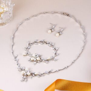 EVER FAITH Clear Marquise CZ Simulated Pearl Bride Flower Leaf Filigree Necklace Earrings Bracelet Set Silver-Tone