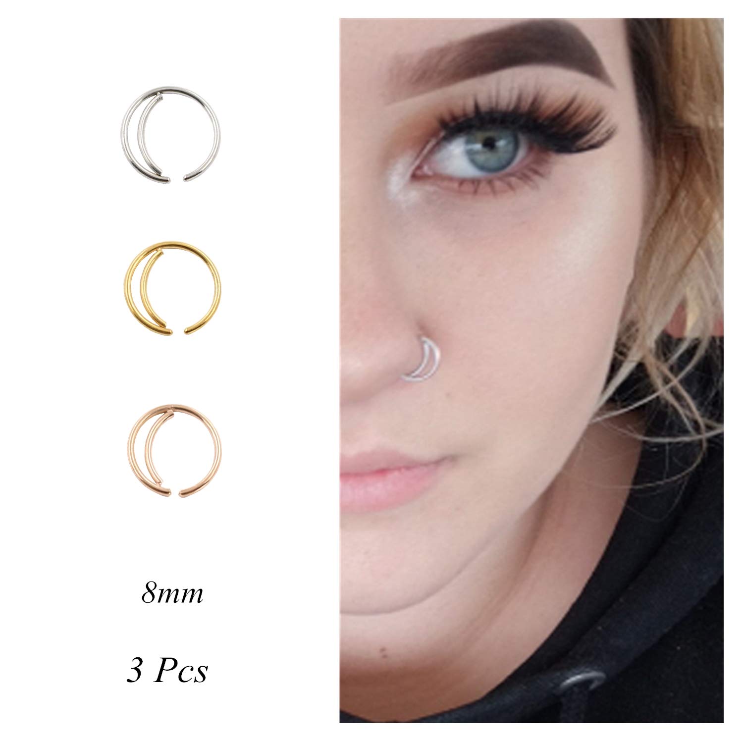 NZDLM Moon Nose Ring Hoop 20g Surgical Steel Nose Rings Septum Nose Ring Body Piercing Jewelry for Women (A-3PCS)