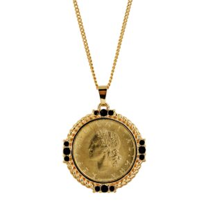 american coin treasures italian 20 lira coin pendant necklace - italian 20 lire goldtone pendant with faceted round jet glass stones| italian medallion pendant