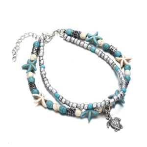 softones blue starfish turtle anklet multilayer charm beads sea handmade boho anklet foot jewelry for women