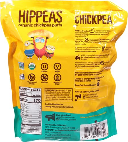 Hippeas Organic Chickpea Puffs Vegan White Cheddar, 1 Ounce, 6 Count