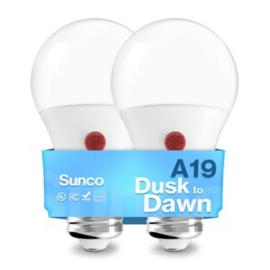 sunco 2 pack dusk to dawn light bulbs outdoor sensor a19 led light bulb, ul, 9w (60w eqv.), 800lm, auto on/off photocell automatic for outdoor lighting, 3000k warm white