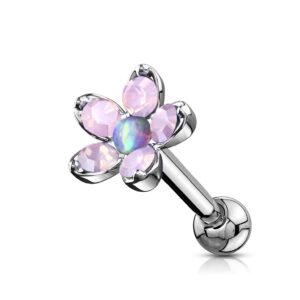 amelia fashion 16 gauge opalite flower with opal center tragus/cartilage barbell stud 316l surgical steel (choose color) (opal purple)