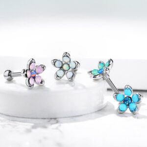 Amelia Fashion 16 Gauge Opalite Flower with Opal Center Tragus/Cartilage Barbell Stud 316L Surgical Steel (Choose Color) (Opal Purple)