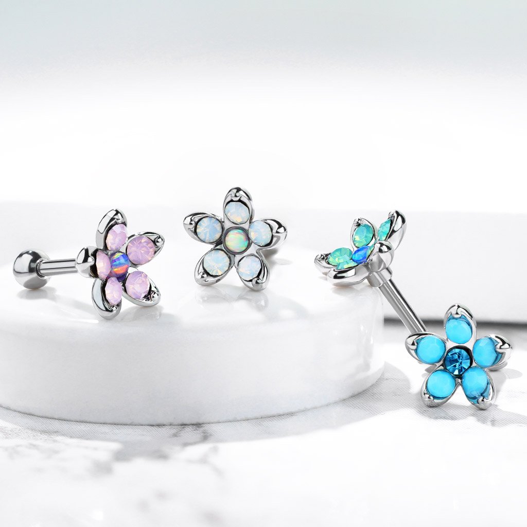 Amelia Fashion 16 Gauge Opalite Flower with Opal Center Tragus/Cartilage Barbell Stud 316L Surgical Steel (Choose Color) (Opal Purple)