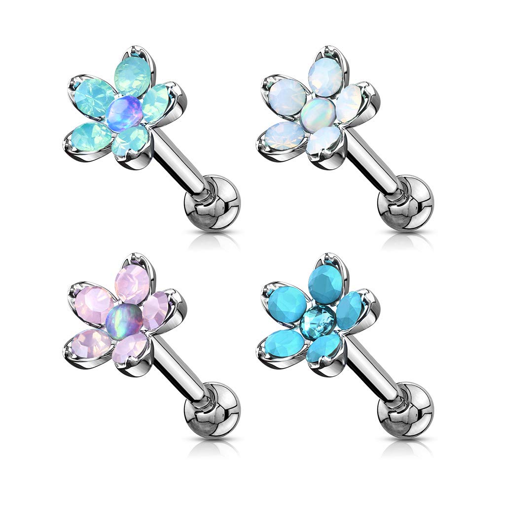 Amelia Fashion 16 Gauge Opalite Flower with Opal Center Tragus/Cartilage Barbell Stud 316L Surgical Steel (Choose Color) (Opal Purple)