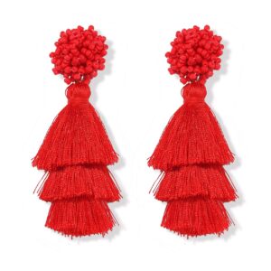 layered tassel earring bohemian lightweight colorful tiered thread long fringe tassel drop dangle beaded statement stud earring women gifts (red)