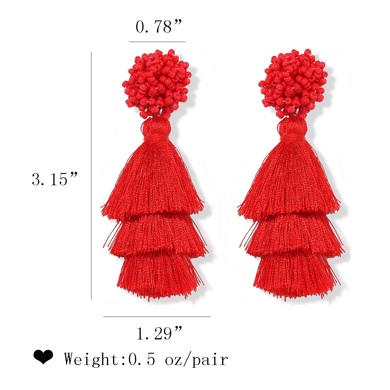 Layered Tassel Earring Bohemian Lightweight Colorful Tiered Thread long Fringe Tassel Drop Dangle Beaded Statement Stud Earring Women Gifts (Red)