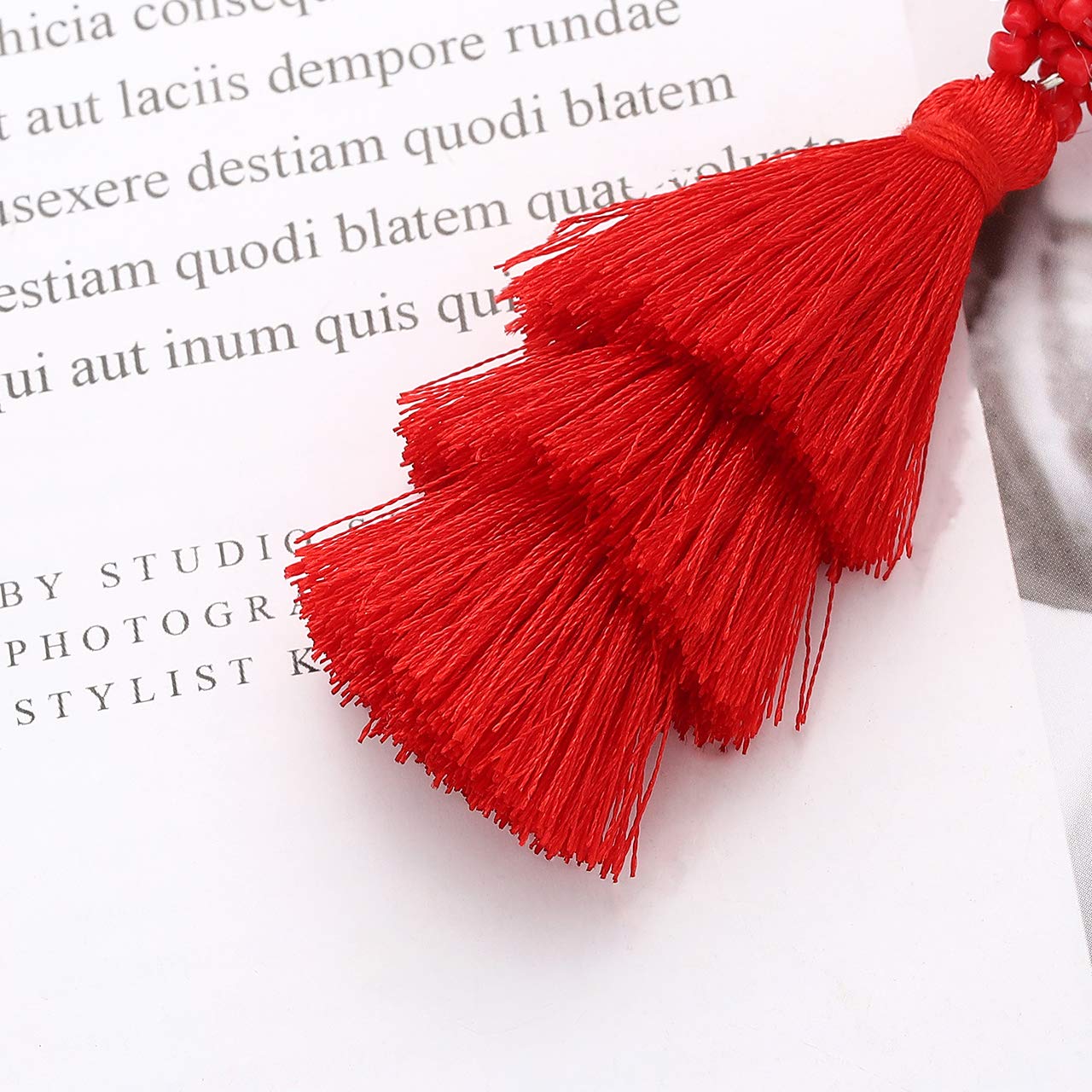 Layered Tassel Earring Bohemian Lightweight Colorful Tiered Thread long Fringe Tassel Drop Dangle Beaded Statement Stud Earring Women Gifts (Red)