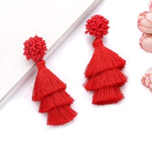 Layered Tassel Earring Bohemian Lightweight Colorful Tiered Thread long Fringe Tassel Drop Dangle Beaded Statement Stud Earring Women Gifts (Red)