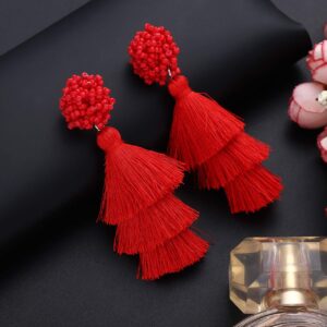 Layered Tassel Earring Bohemian Lightweight Colorful Tiered Thread long Fringe Tassel Drop Dangle Beaded Statement Stud Earring Women Gifts (Red)