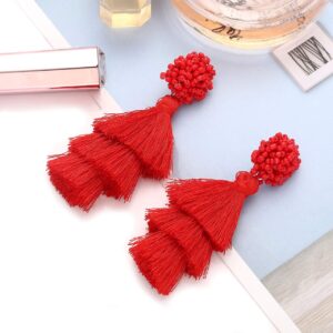 Layered Tassel Earring Bohemian Lightweight Colorful Tiered Thread long Fringe Tassel Drop Dangle Beaded Statement Stud Earring Women Gifts (Red)