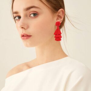 Layered Tassel Earring Bohemian Lightweight Colorful Tiered Thread long Fringe Tassel Drop Dangle Beaded Statement Stud Earring Women Gifts (Red)