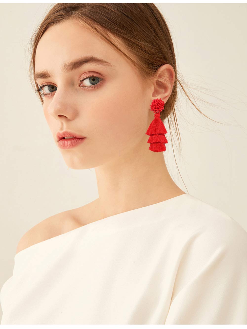 Layered Tassel Earring Bohemian Lightweight Colorful Tiered Thread long Fringe Tassel Drop Dangle Beaded Statement Stud Earring Women Gifts (Red)