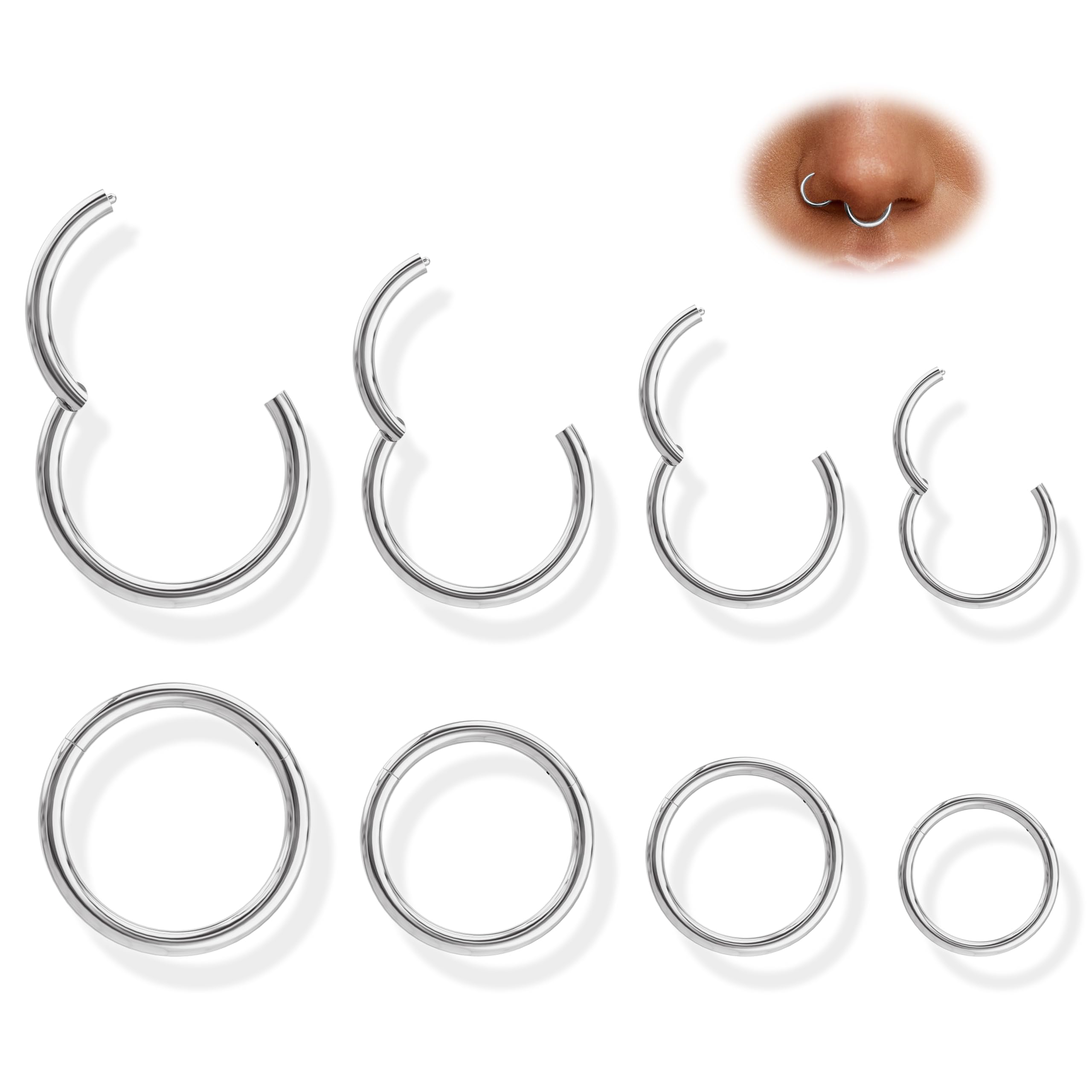 Jstyle 16G Surgical Steel Hinged Clicker Nose Rings Hoop for Septum Cartilage Helix Daith Tragus Rook Conch Lip Ear Lobe Sleeper Earrings Body Piercings for Women Men