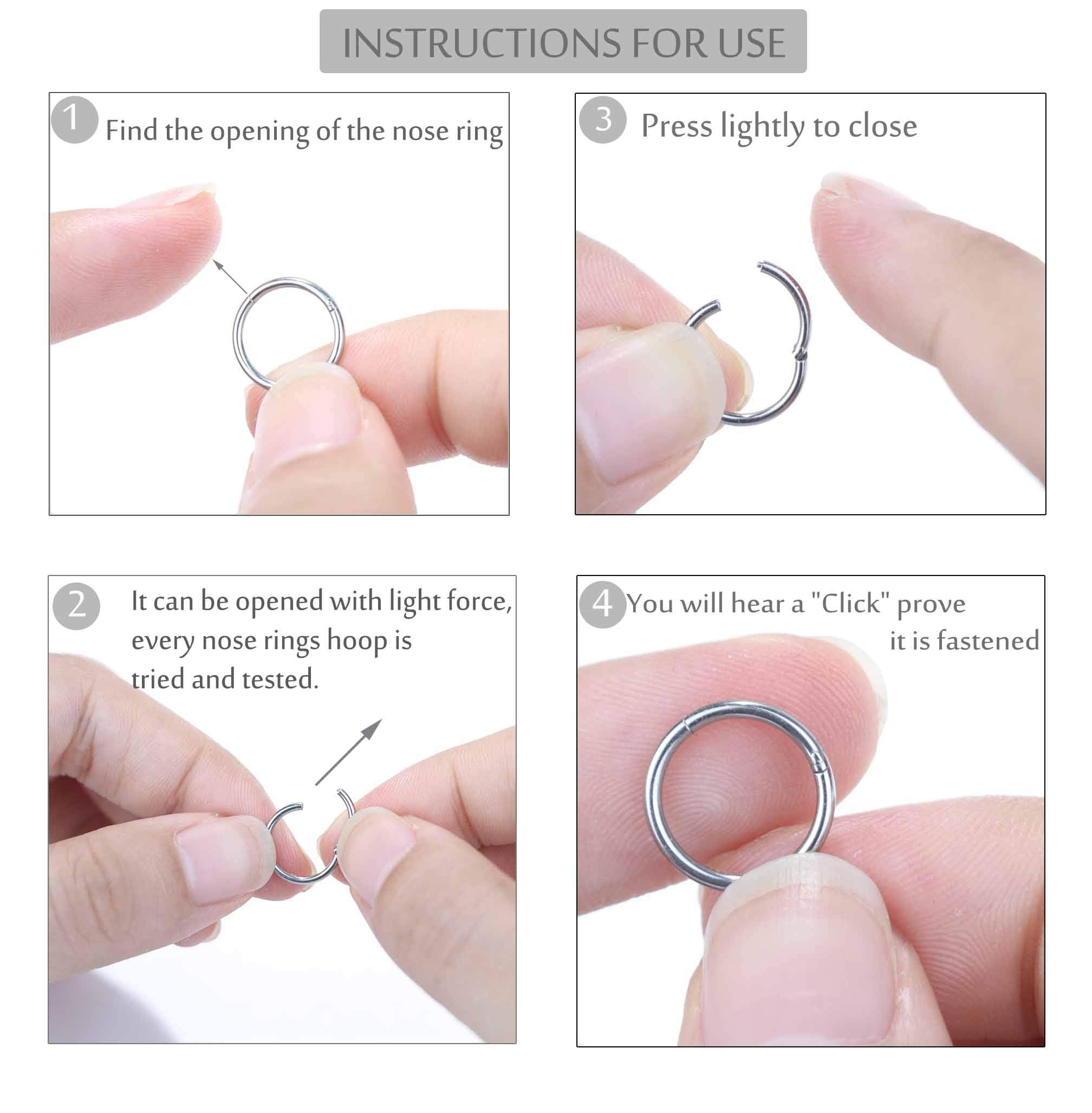 Jstyle 16G Surgical Steel Hinged Clicker Nose Rings Hoop for Septum Cartilage Helix Daith Tragus Rook Conch Lip Ear Lobe Sleeper Earrings Body Piercings for Women Men