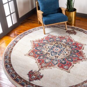 Unique Loom Utopia Collection Traditional Classic Vintage Inspired Area Rug with Warm Hues, 7' Round, Cream/Blue