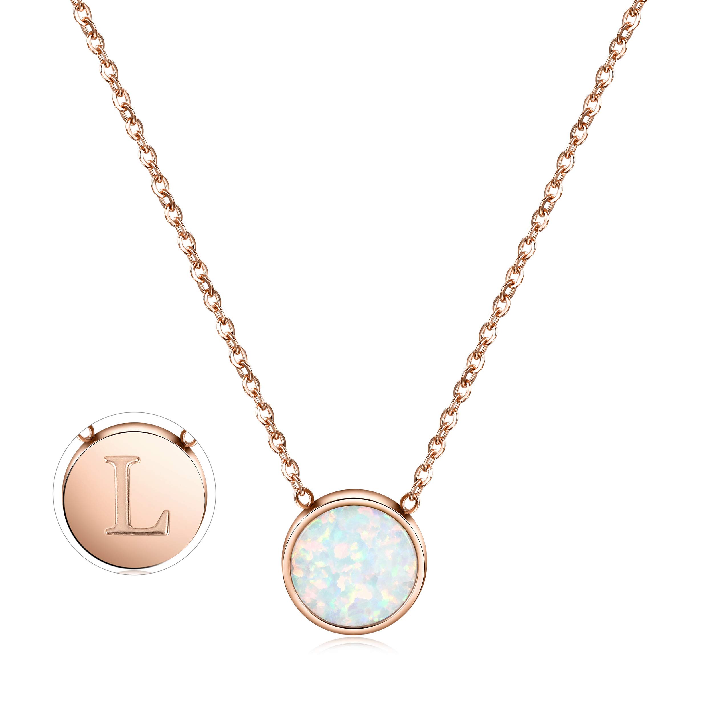 CIUNOFOR Rose Gold Plated Alphabet Opal Pendant Necklace Round Disc Initial Necklace Engraved Letter Necklace with Adjustable Chain Pendant Enhancers for Women and Girls Fashion Style Jewerly (L, 12)