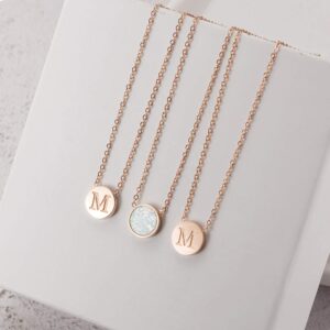 CIUNOFOR Rose Gold Plated Alphabet Opal Pendant Necklace Round Disc Initial Necklace Engraved Letter Necklace with Adjustable Chain Pendant Enhancers for Women and Girls Fashion Style Jewerly (L, 12)