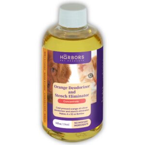 harbor's orange deodorizer and pet stench eliminator. removes dog & cat urine. cleans rugs, furniture, and mattresses with pleasant natural aroma. bottle of concentrate makes 1 gal of spray.