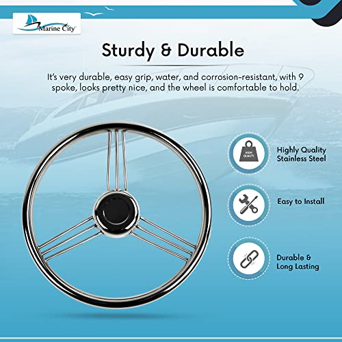 MARINE CITY 316 Grade Stainless Steel Polished Steering Wheel 15 Degree Dish 9 Spokes 13-1/2 Inches for Boats Yachts Ships (Pack of 1)