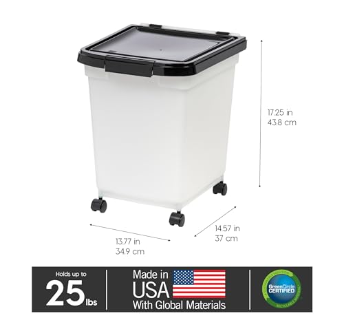 IRIS USA WeatherPro Airtight Dog Food Storage Container, Up to 25 lbs, Removable Wheels, for Dog Cat Bird and Other Pet Food Storage Bin, Keep Fresh, Translucent Body, Pearl/Black