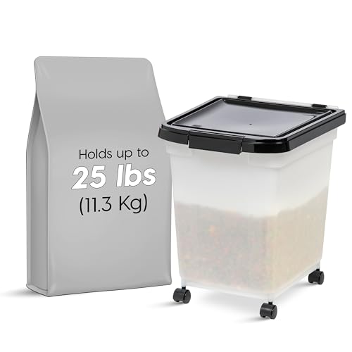 IRIS USA WeatherPro Airtight Dog Food Storage Container, Up to 25 lbs, Removable Wheels, for Dog Cat Bird and Other Pet Food Storage Bin, Keep Fresh, Translucent Body, Pearl/Black