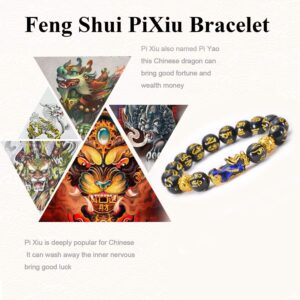 Feng Shui 10mm Hand Carved Mantra Bead Bracelet with Golden Coins Bead and Color Changed Pi Xiu/Pi Yao Attract Wealth and Good Luck