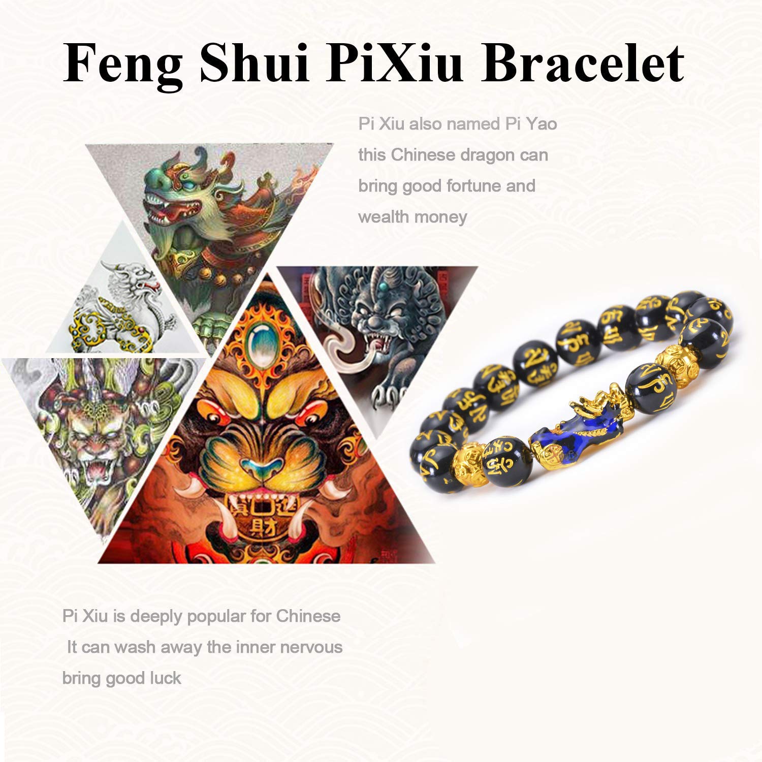 Feng Shui 10mm Hand Carved Mantra Bead Bracelet with Golden Coins Bead and Color Changed Pi Xiu/Pi Yao Attract Wealth and Good Luck