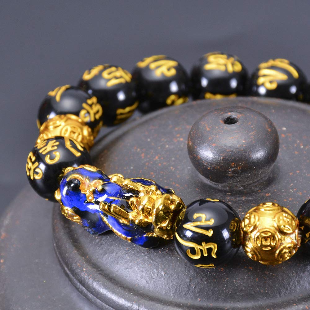 Feng Shui 10mm Hand Carved Mantra Bead Bracelet with Golden Coins Bead and Color Changed Pi Xiu/Pi Yao Attract Wealth and Good Luck