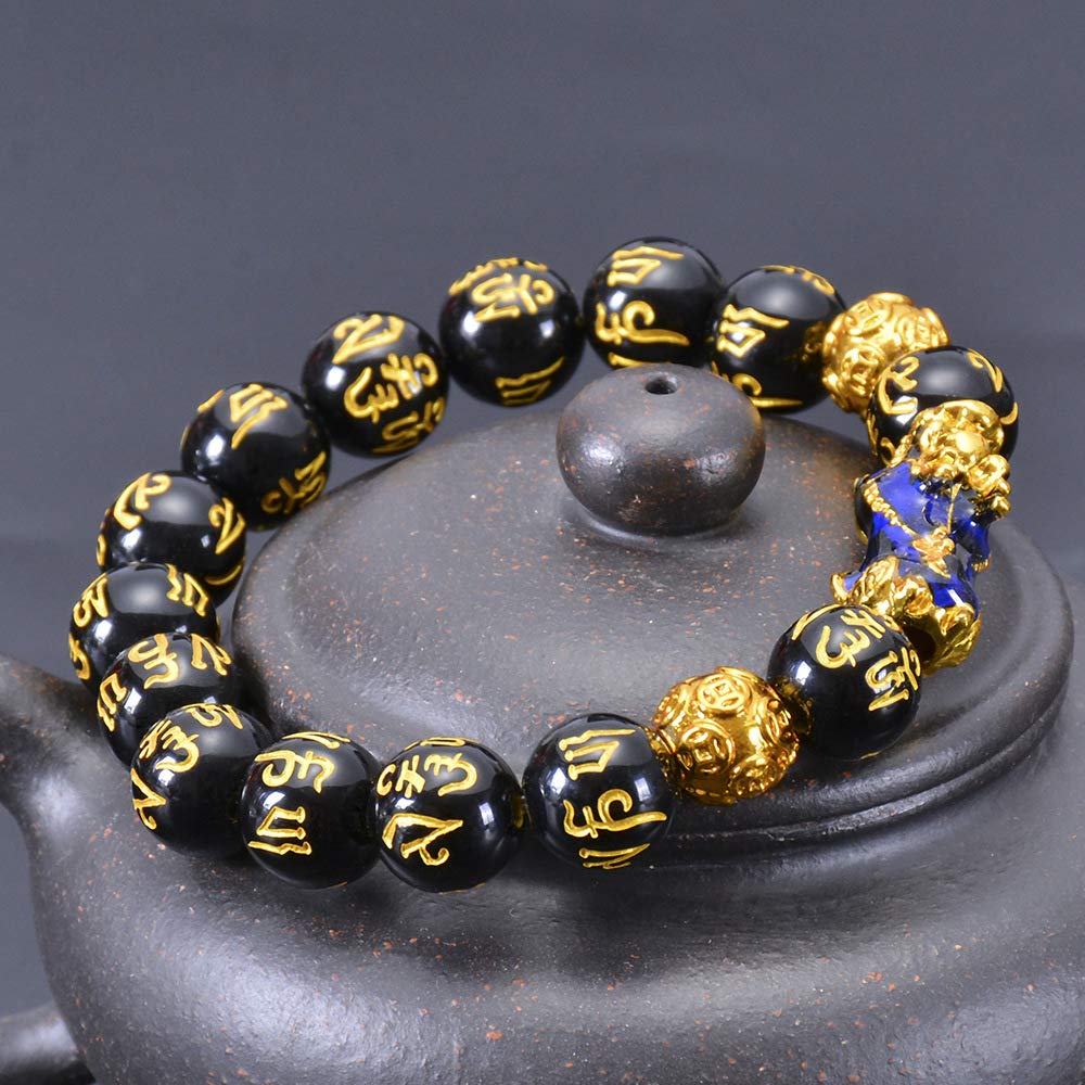 Feng Shui 10mm Hand Carved Mantra Bead Bracelet with Golden Coins Bead and Color Changed Pi Xiu/Pi Yao Attract Wealth and Good Luck