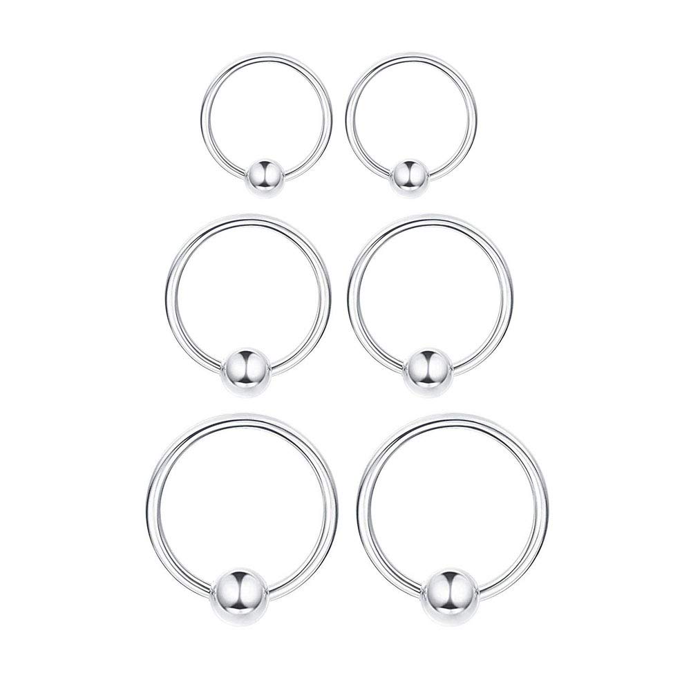 3 Pairs Sterling Silver Small Hoop Earrings Set 14K White Gold Plated Ball Bead Hoop Cartilage Earrings Helix Tragus Lip Nose Body Piercing for Women Men, 8mm 10mm 12mm