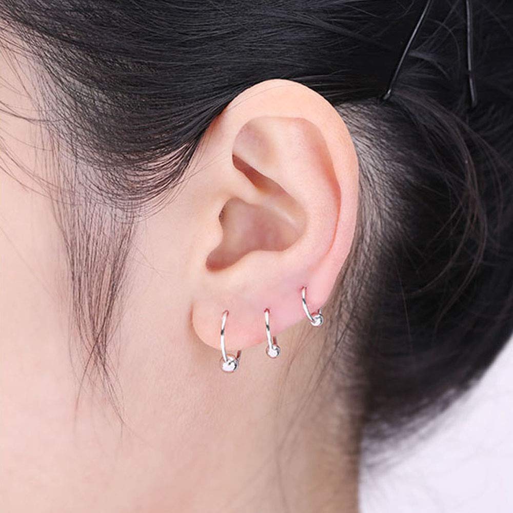 3 Pairs Sterling Silver Small Hoop Earrings Set 14K White Gold Plated Ball Bead Hoop Cartilage Earrings Helix Tragus Lip Nose Body Piercing for Women Men, 8mm 10mm 12mm