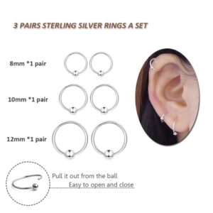 3 Pairs Sterling Silver Small Hoop Earrings Set 14K White Gold Plated Ball Bead Hoop Cartilage Earrings Helix Tragus Lip Nose Body Piercing for Women Men, 8mm 10mm 12mm