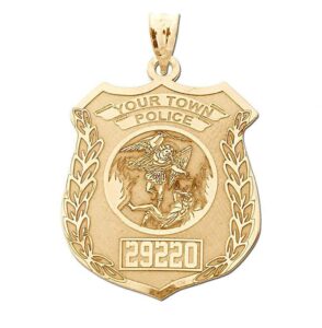 picturesongold.com solid 10k yellow gold saint michael personalized police badge with department & badge number - size 1 x 1-1/4 inch