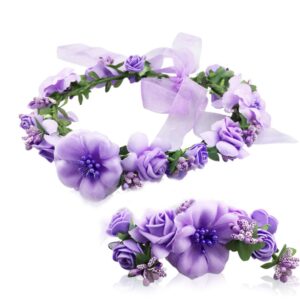 miocloth flower crown headband garland wrist band wedding hair wreath women girl purple