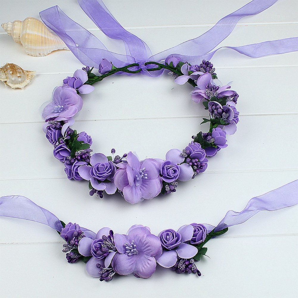 MioCloth Flower Crown Headband Garland Wrist Band Wedding Hair Wreath Women Girl Purple