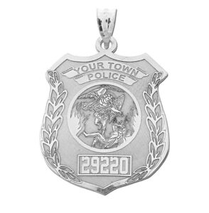 picturesongold.com solid sterling silver saint michael personalized police badge with department & badge number - size 1 x 1-1/4 inch