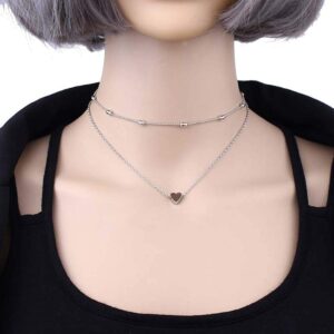 Artmiss Love Heart Layered Choker Necklace Delicate Beaded Pendant Necklace Silver Heart Double Chain for Women